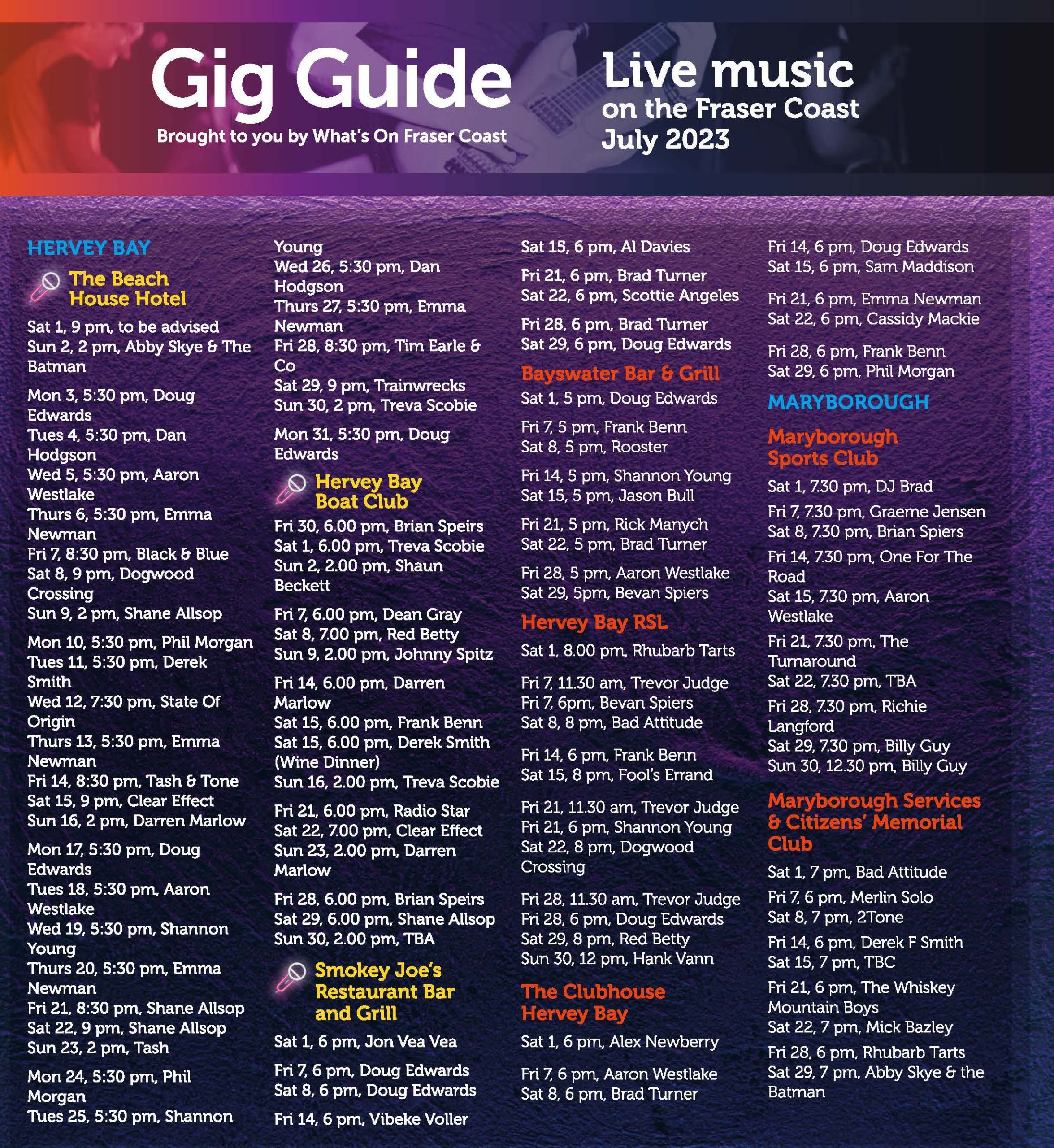 Gig Guide - What's On Fraser Coast Magazine
